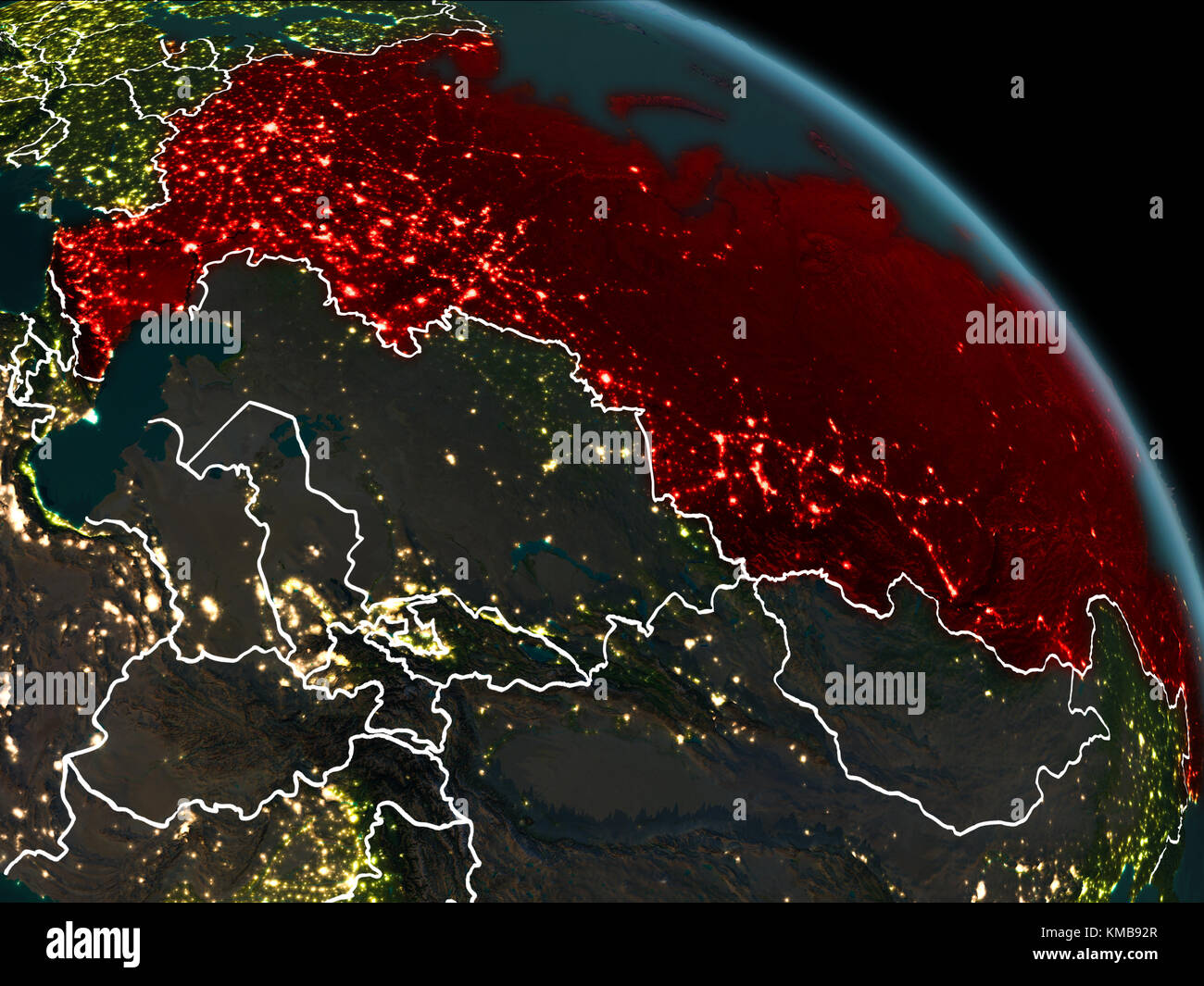 Russia from orbit of planet Earth at night with visible borderlines and ...