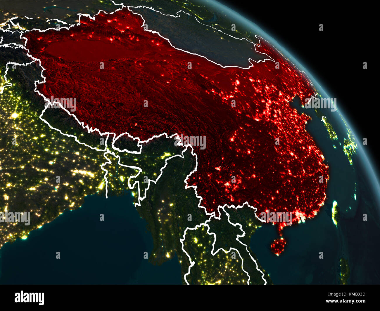 China from orbit of planet Earth at night with visible borderlines and ...