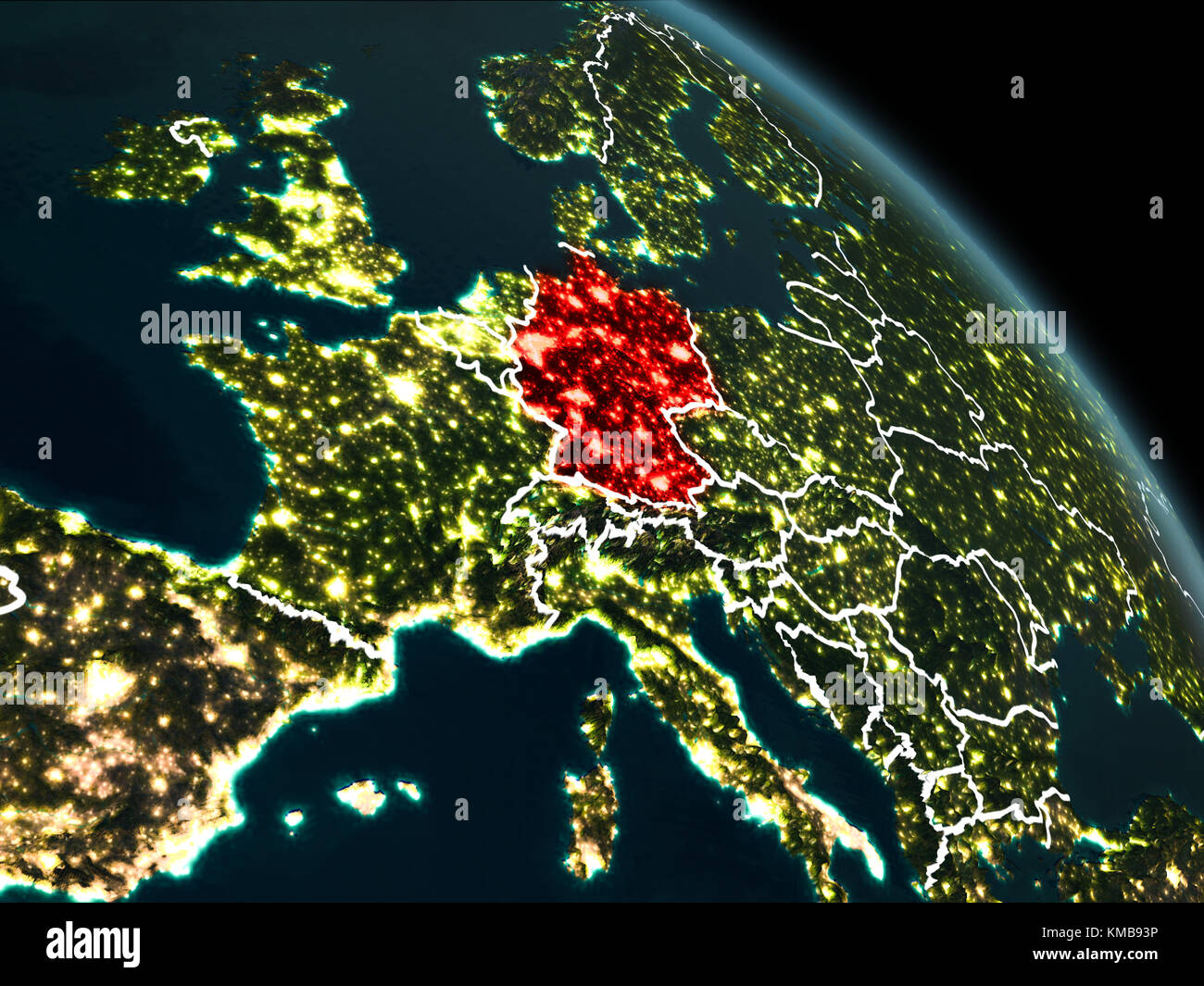 Germany from orbit of planet Earth at night with visible borderlines ...