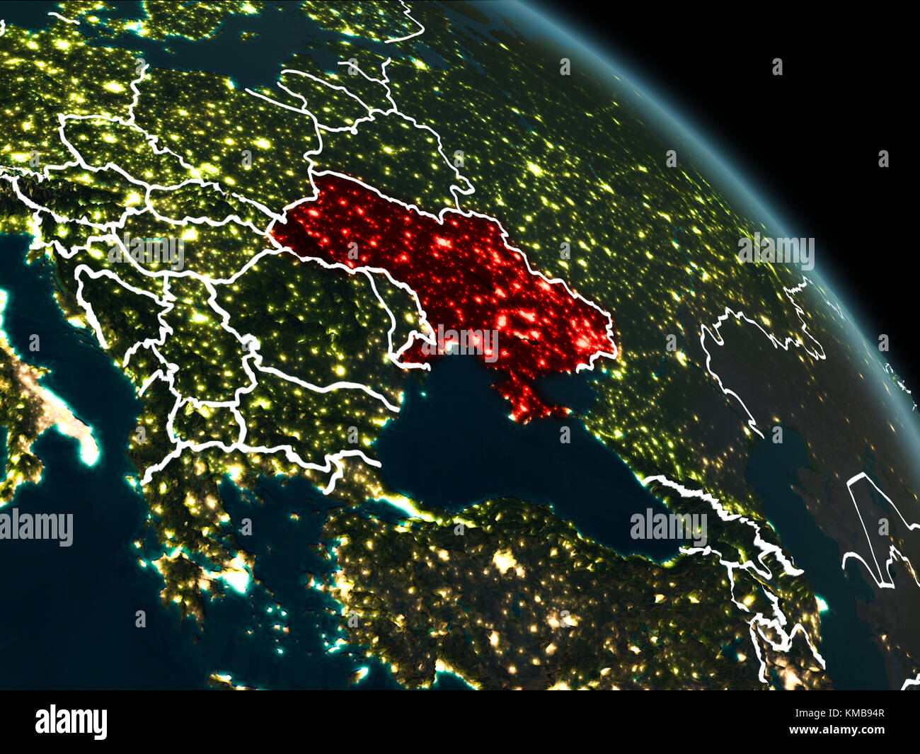 Ukraine from orbit of planet Earth at night with visible borderlines ...