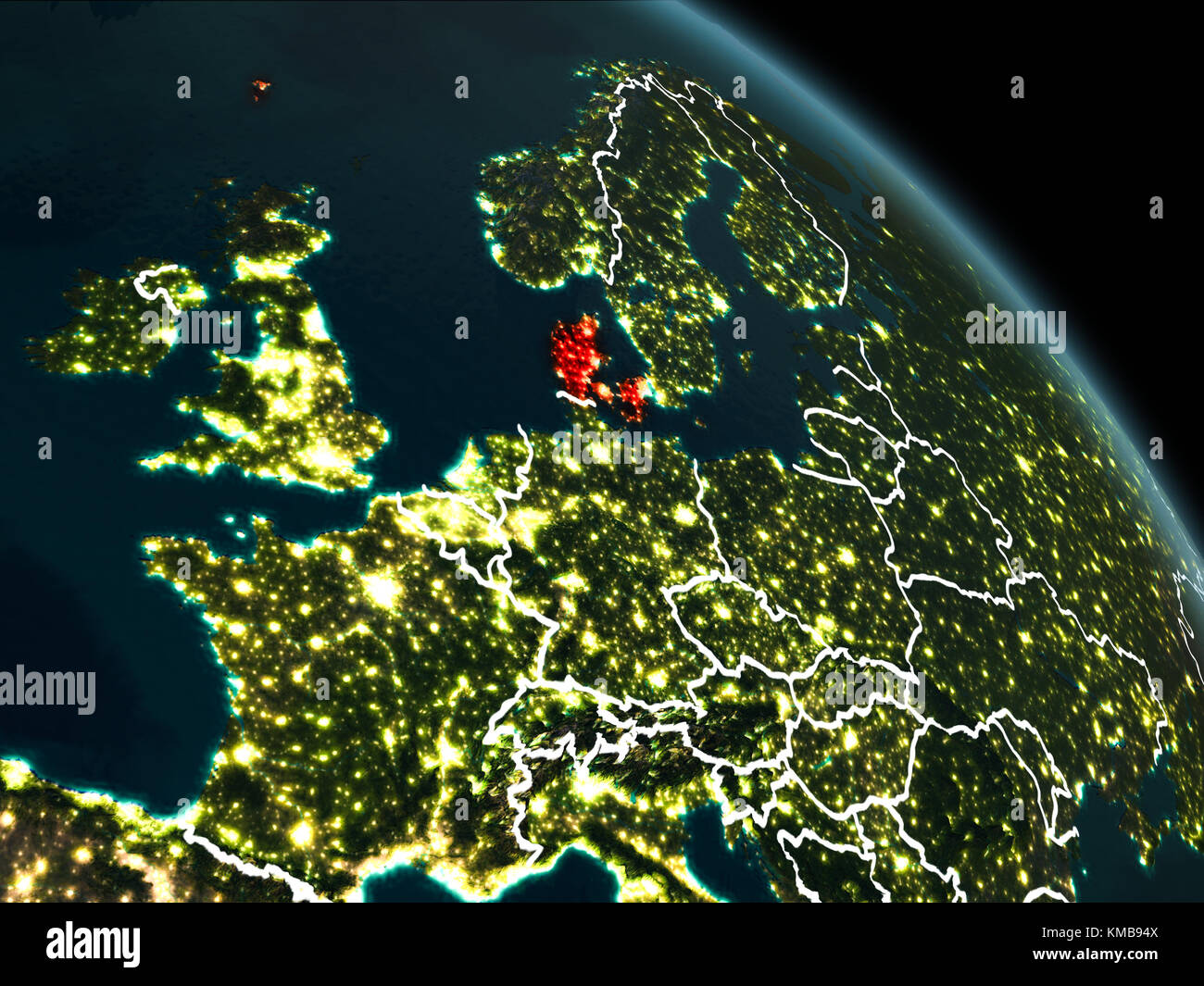Denmark from orbit of planet Earth at night with visible borderlines ...