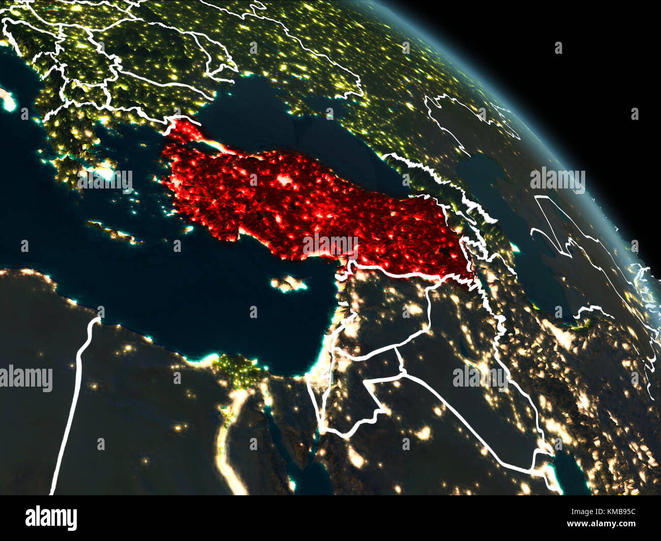 Turkey from orbit of planet Earth at night with visible borderlines and ...