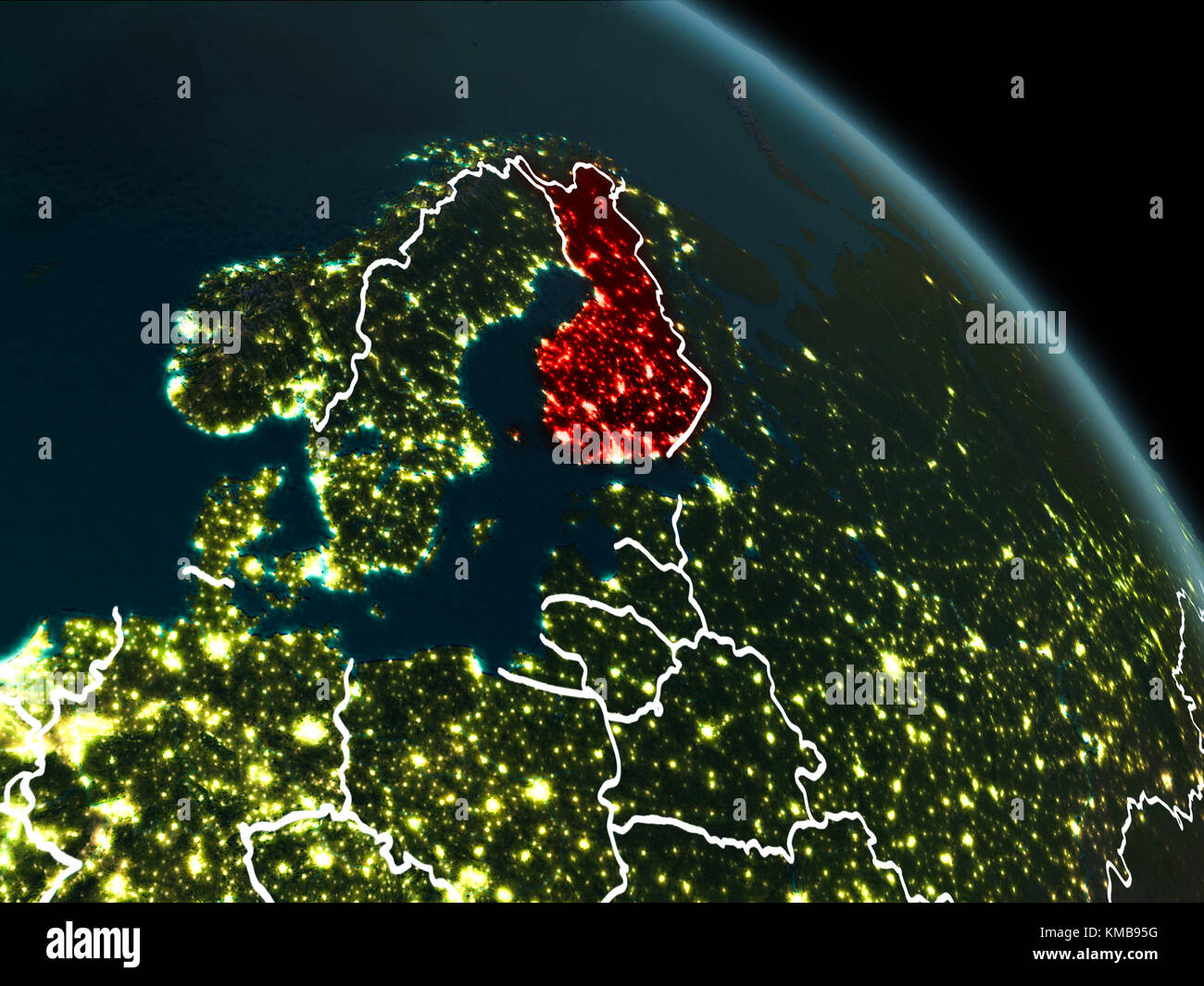Finland from orbit of planet Earth at night with visible borderlines and city lights. 3D ...