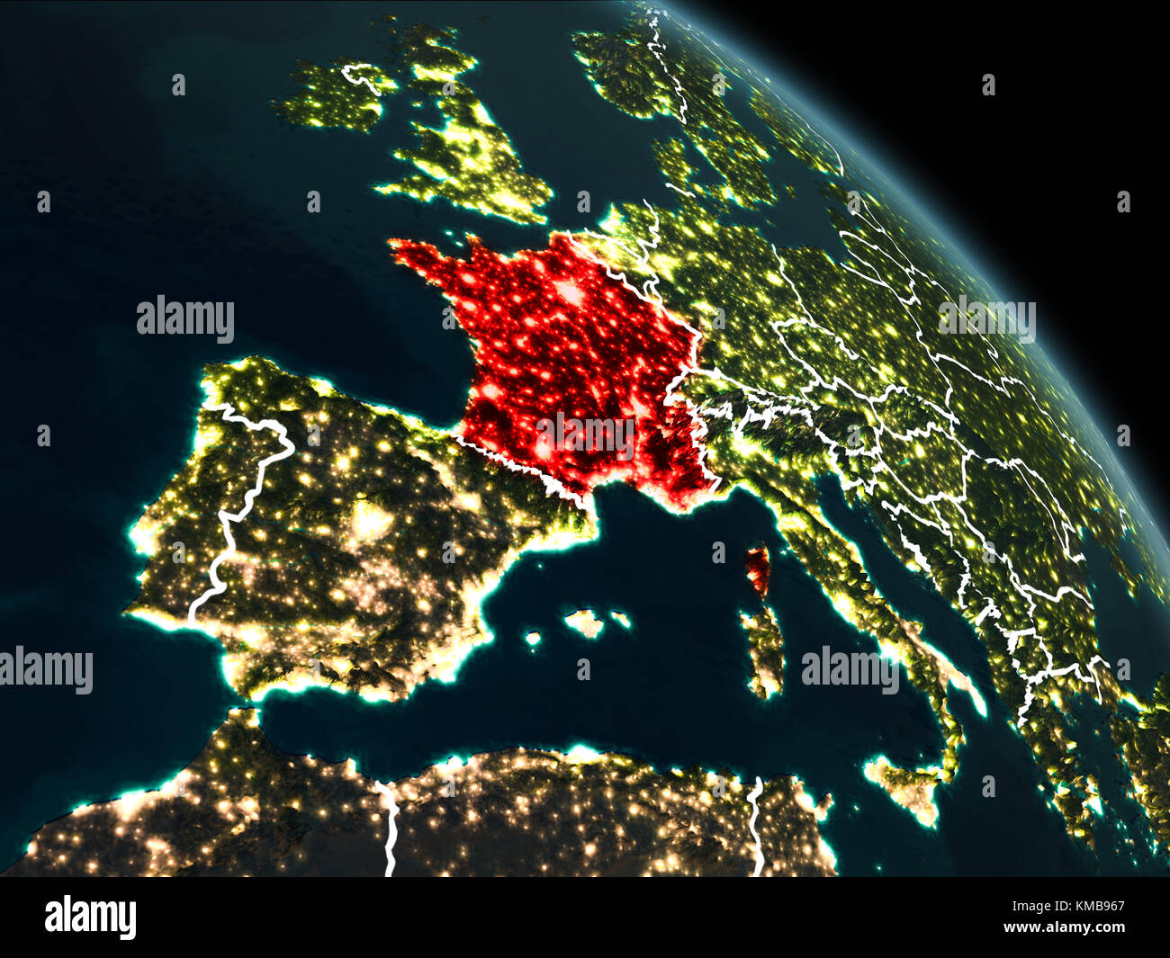 France from orbit of planet Earth at night with visible borderlines and ...