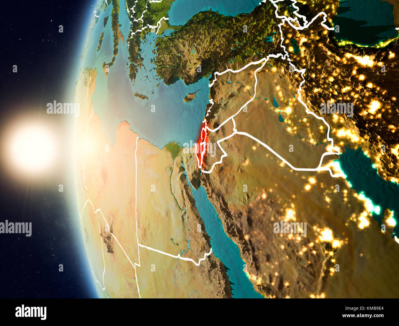 Illustration of Israel as seen from Earth’s orbit during sunset with ...