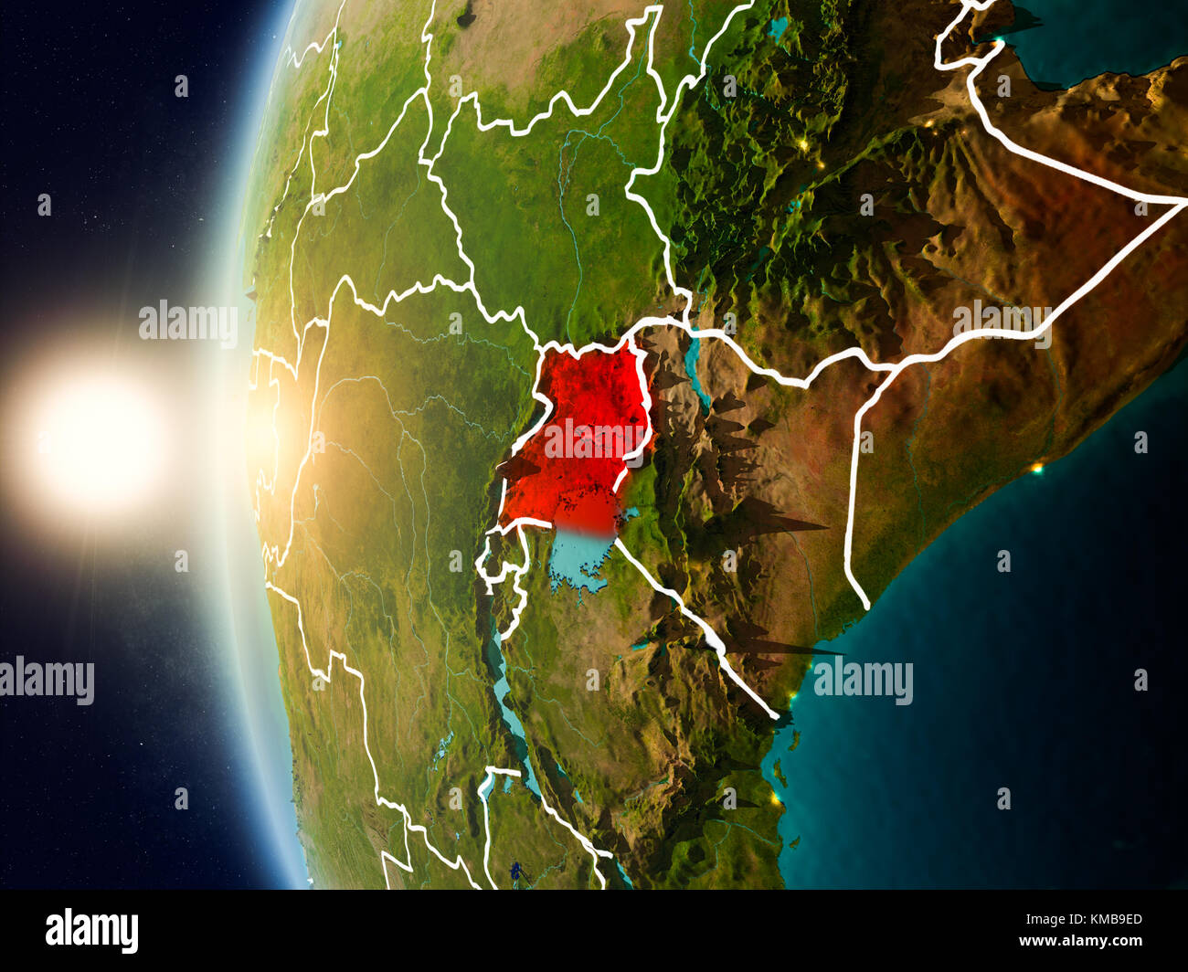 Illustration of Uganda as seen from Earth’s orbit during sunset with ...