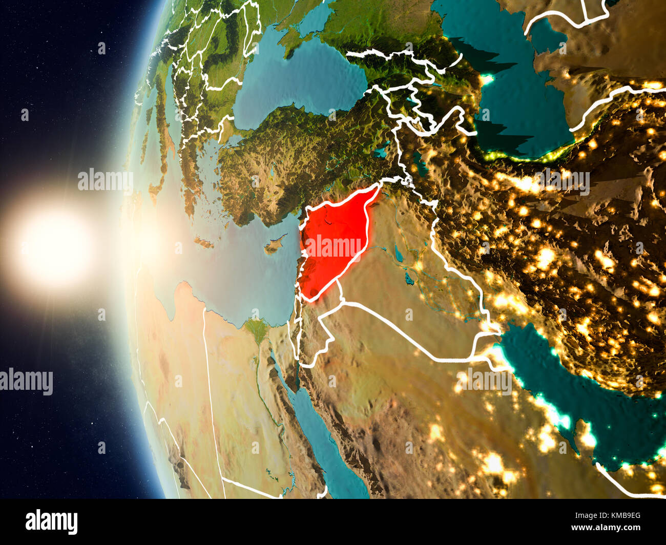 Illustration of Syria as seen from Earth’s orbit during sunset with ...