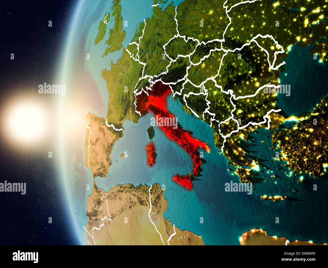 Illustration of Italy as seen from Earth’s orbit during sunset with ...