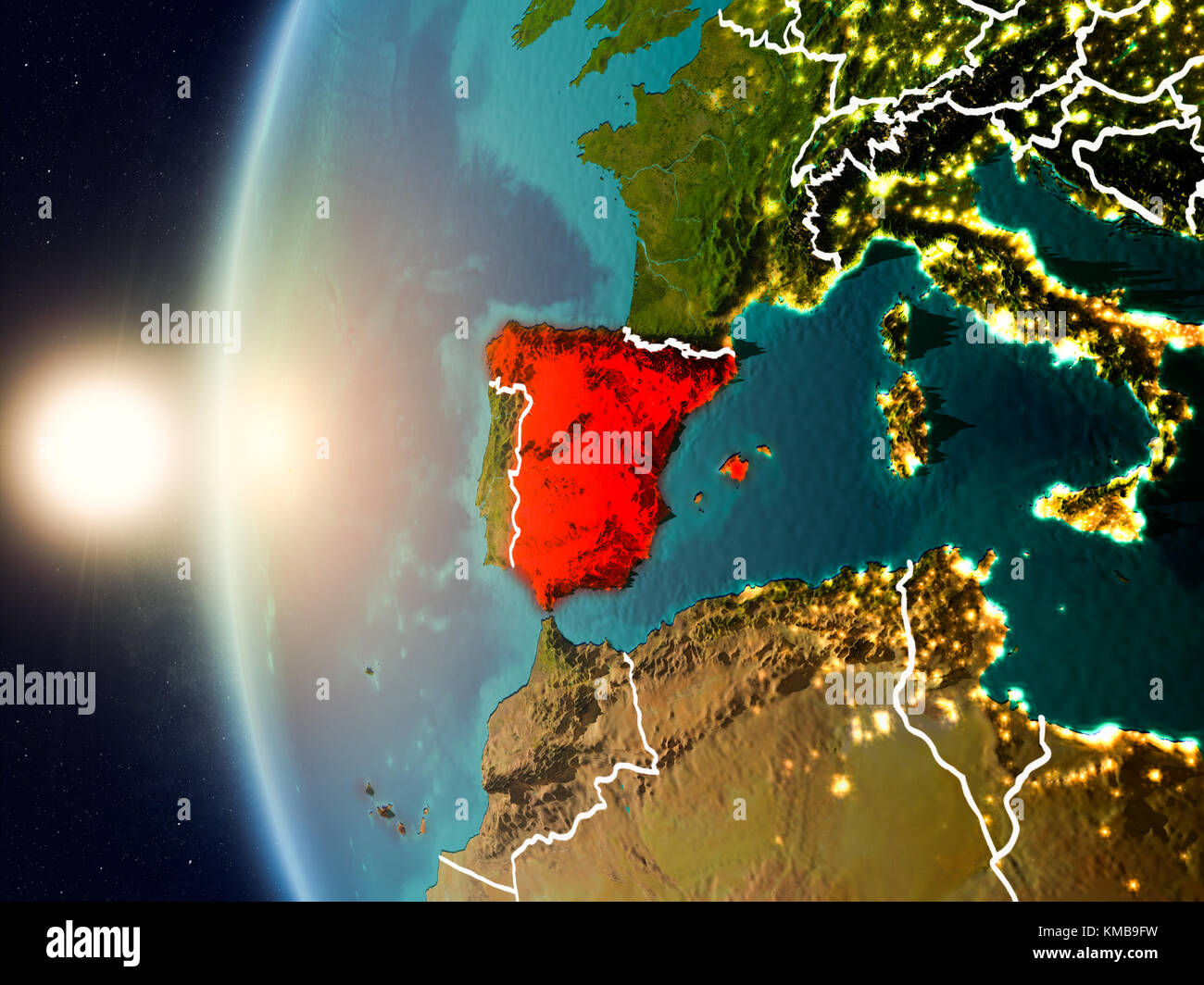 Illustration of Spain as seen from Earth’s orbit during sunset with ...