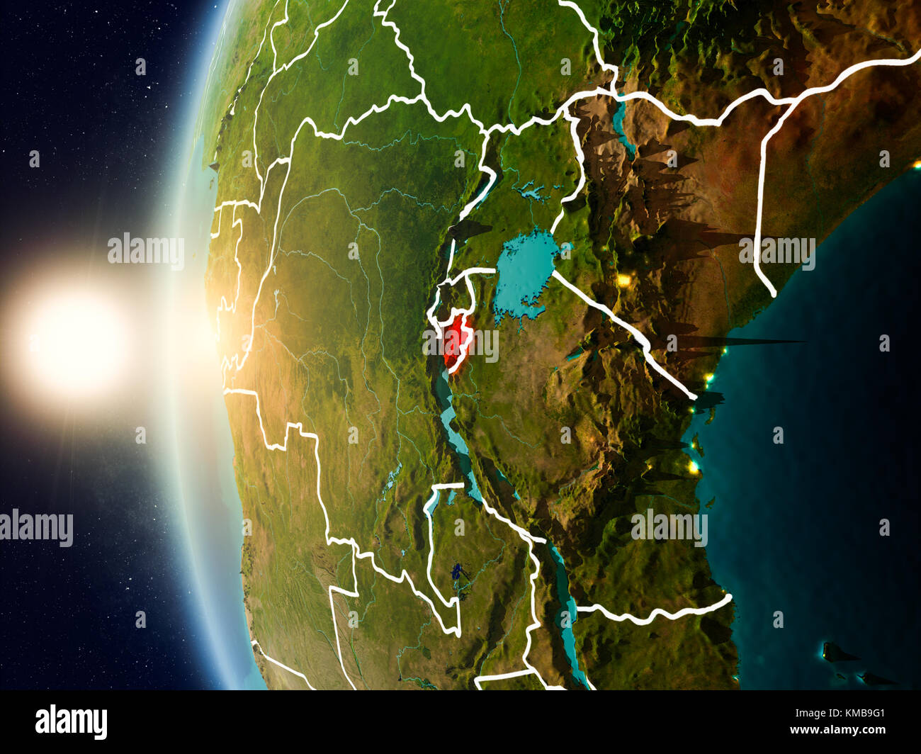 Illustration of Burundi as seen from Earth’s orbit during sunset with ...
