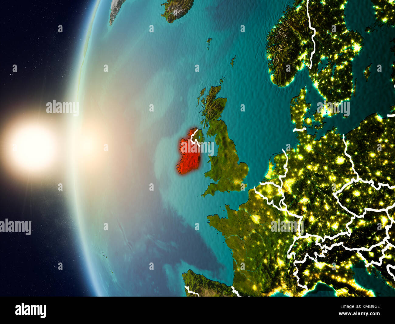 Illustration of Ireland as seen from Earth’s orbit during sunset with ...