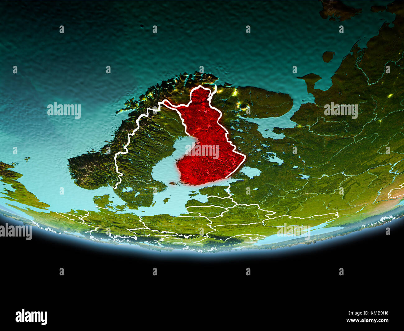 Country of Finland in red on planet Earth in the evening with visible ...