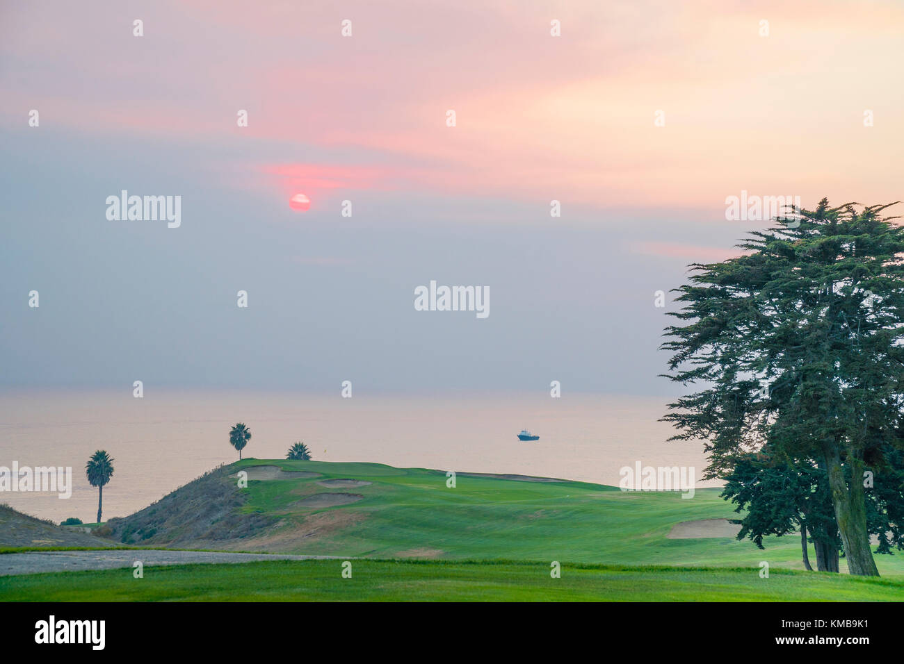 Red sunset over the Pacific Ocean at Sandpiper Golf Course, in Santa ...
