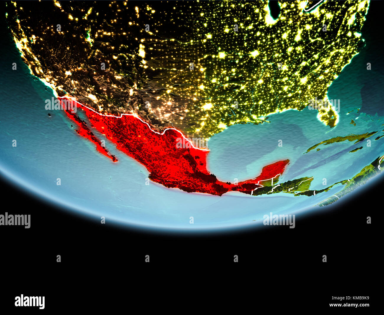 Country of Mexico in red on planet Earth in the evening with visible ...