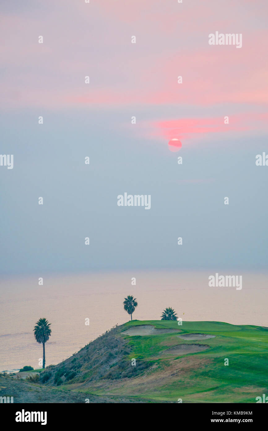 Red sunset over the Pacific Ocean at Sandpiper Golf Course, in Santa ...