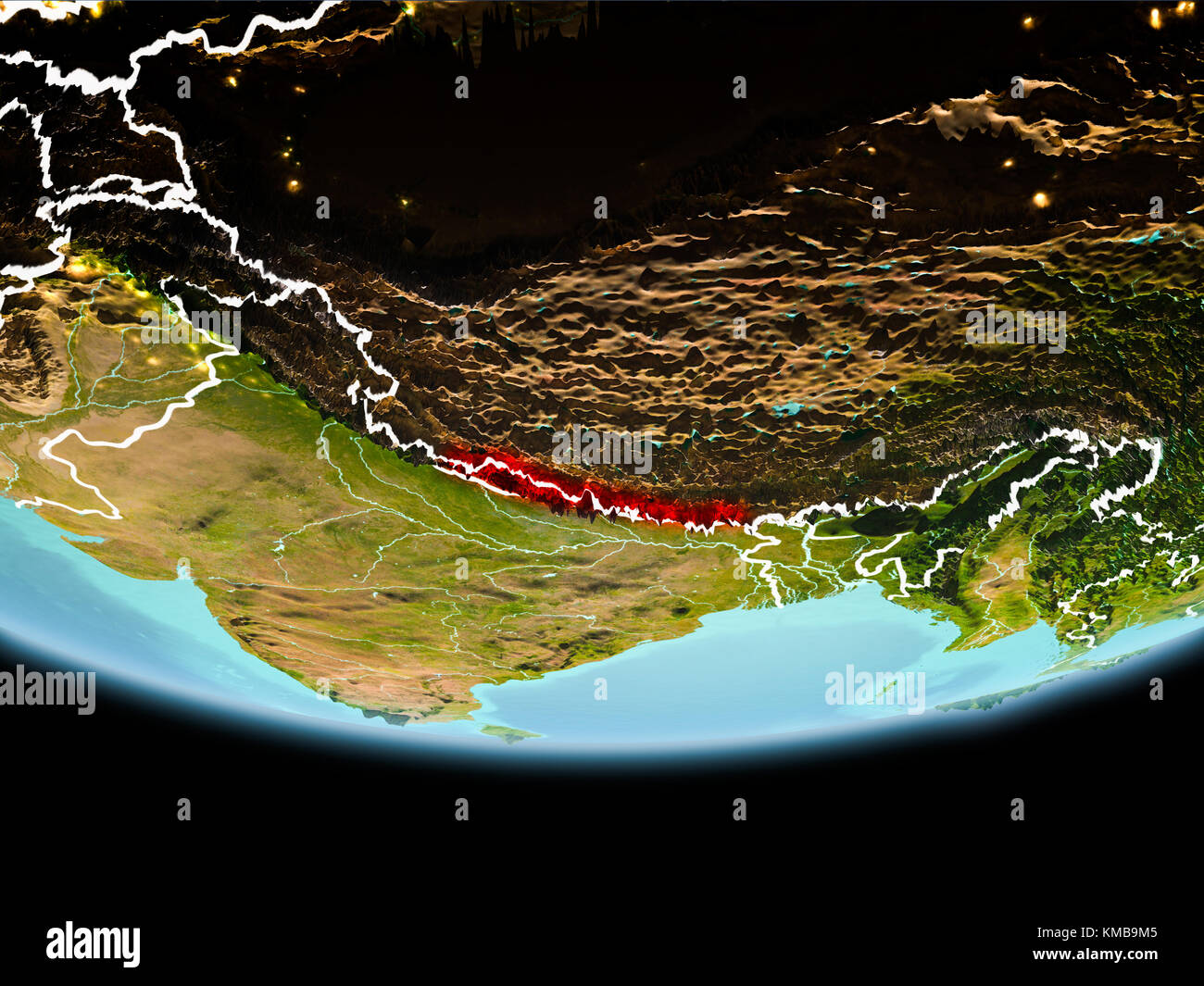 Country of Nepal in red on planet Earth in the evening with visible ...