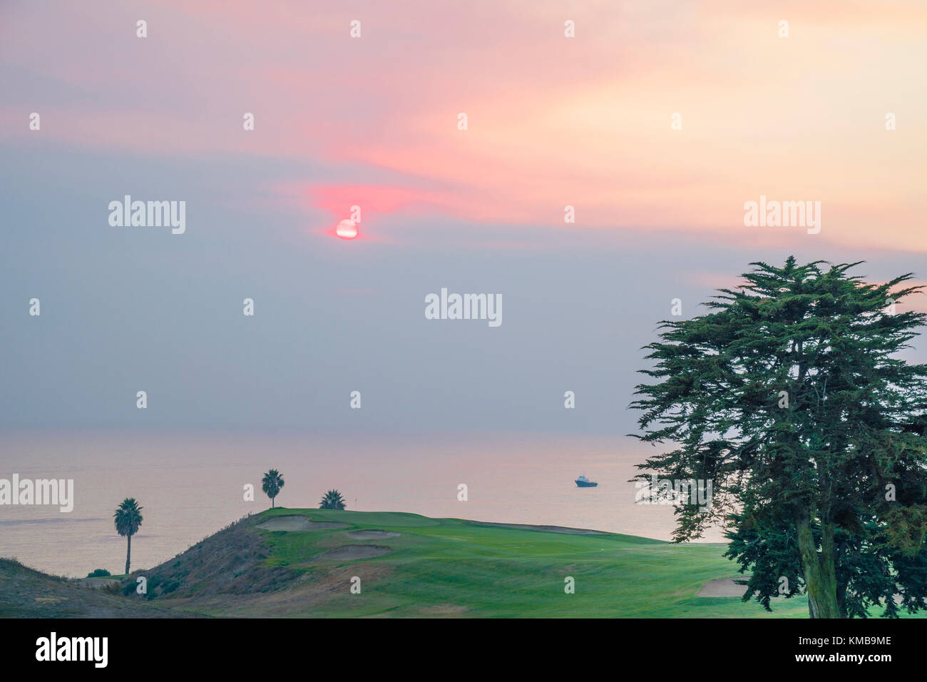 Red sunset over the Pacific Ocean at Sandpiper Golf Course, in Santa ...