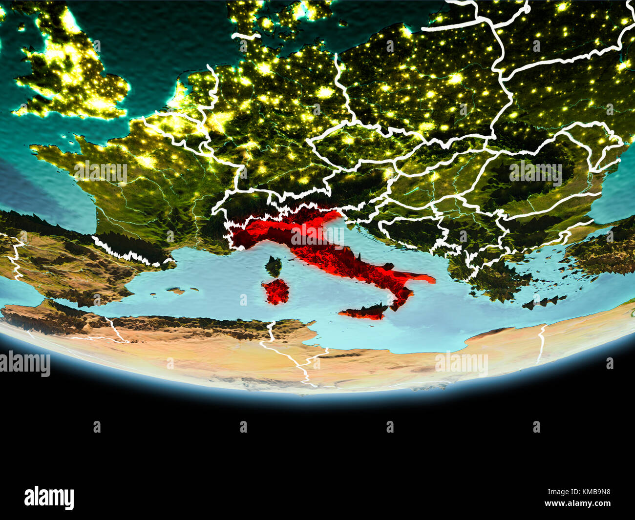 Country of Italy in red on planet Earth in the evening with visible ...