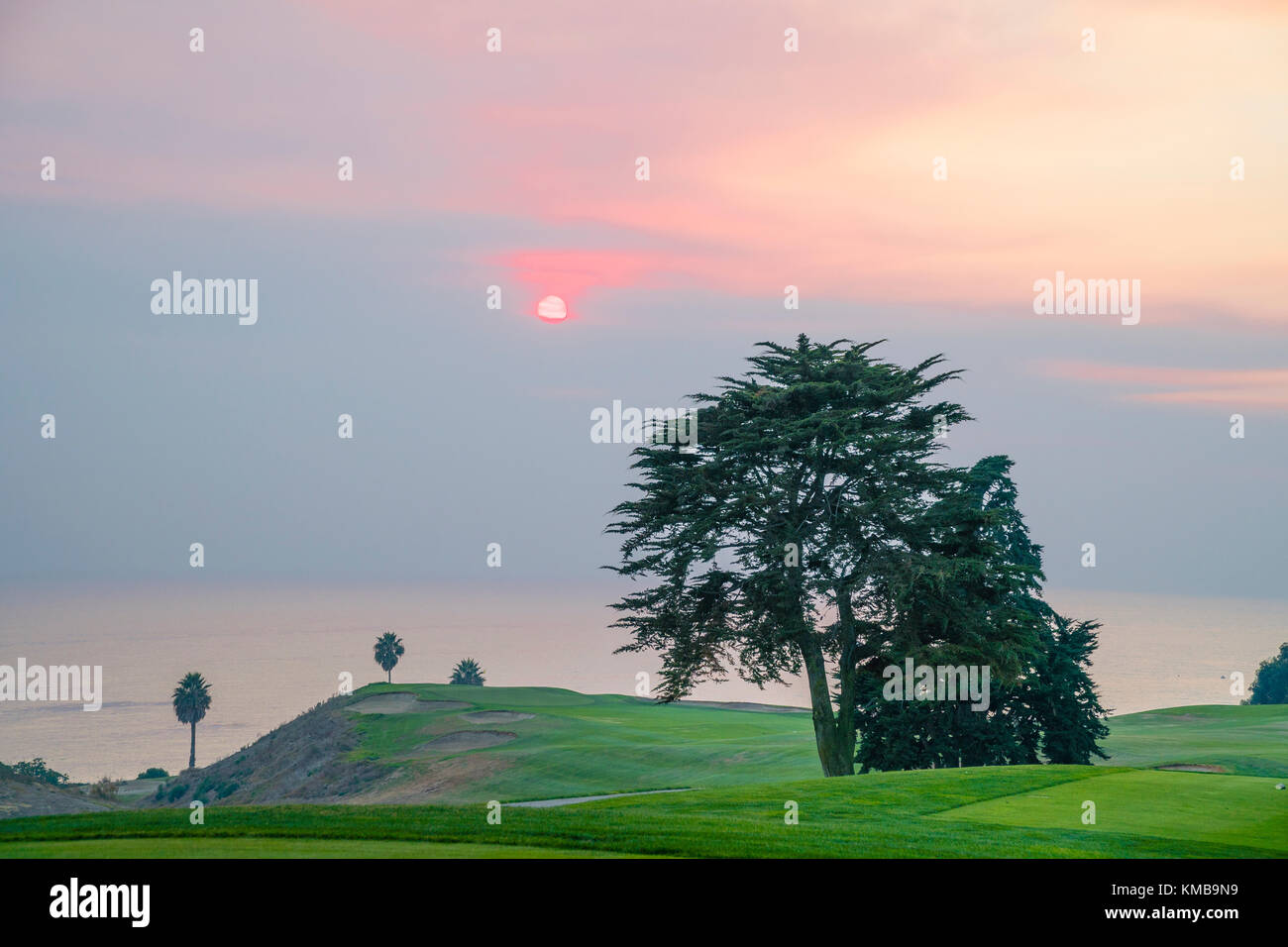Red sunset over the Pacific Ocean at Sandpiper Golf Course, in Santa ...