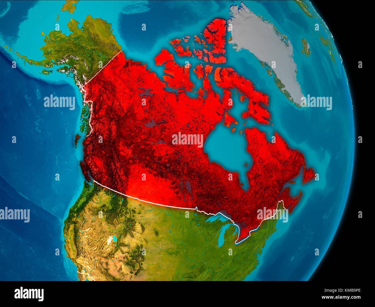 Canada in red on planet Earth with visible borderlines. 3D illustration ...