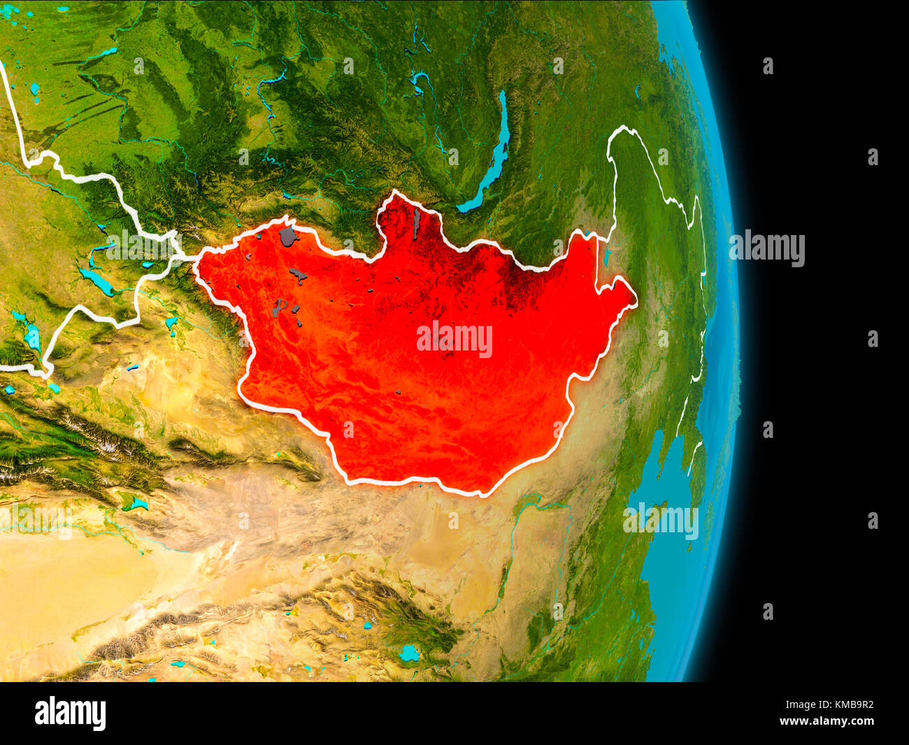 Mongolia in red on planet Earth with visible borderlines. 3D ...