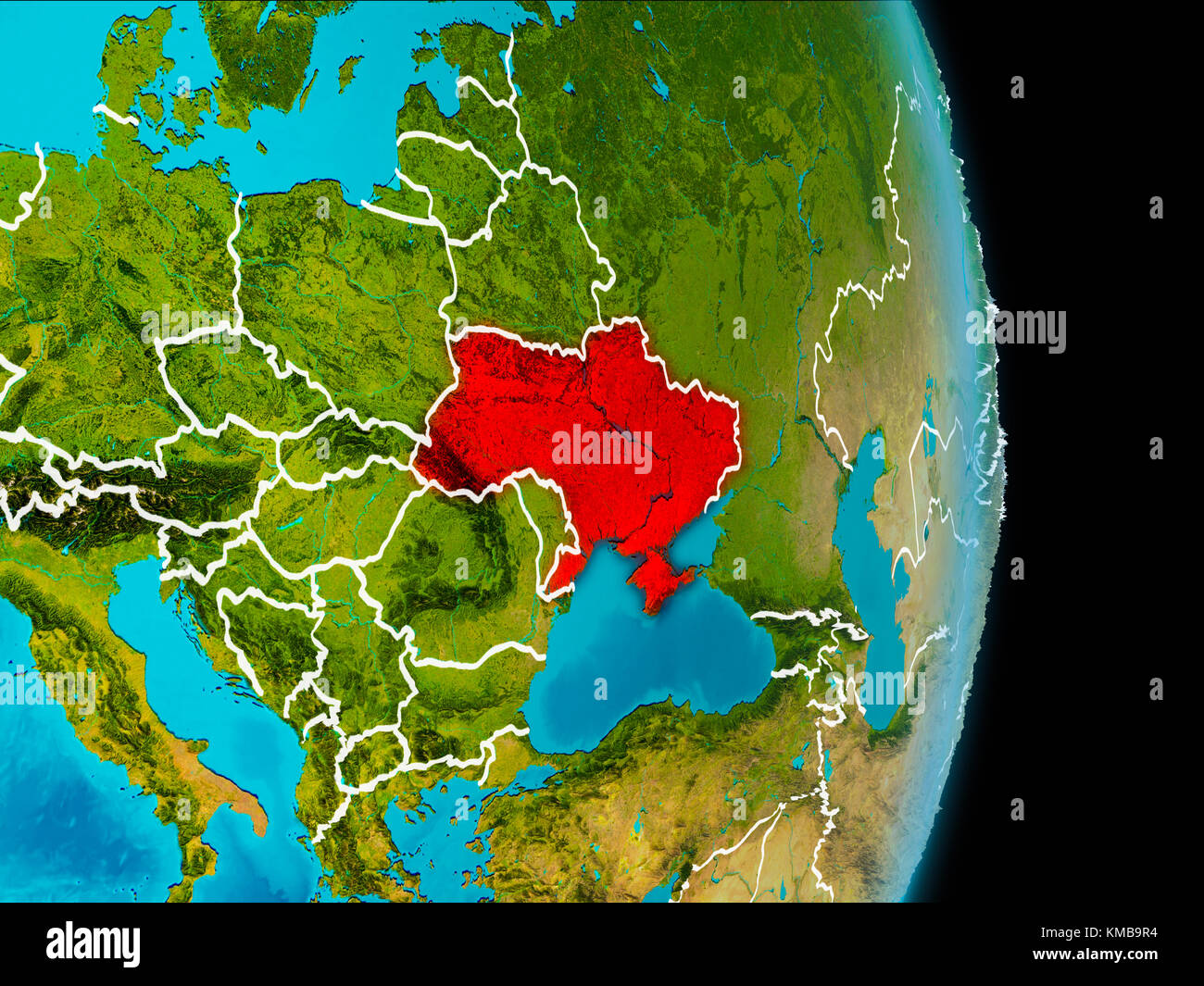 Ukraine in red on planet Earth with visible borderlines. 3D ...