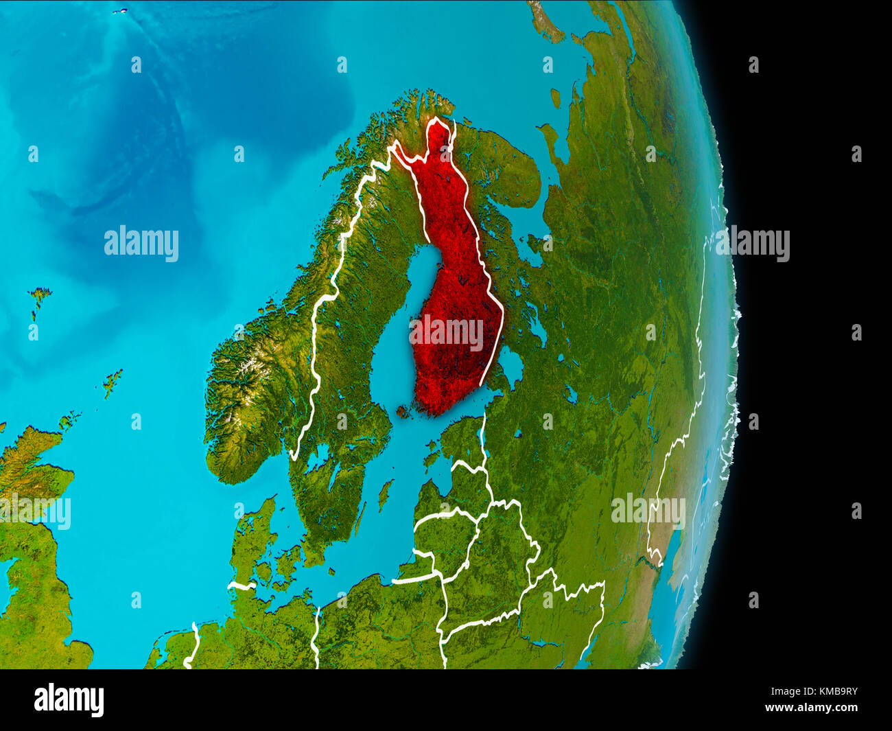Finland in red on planet Earth with visible borderlines. 3D ...