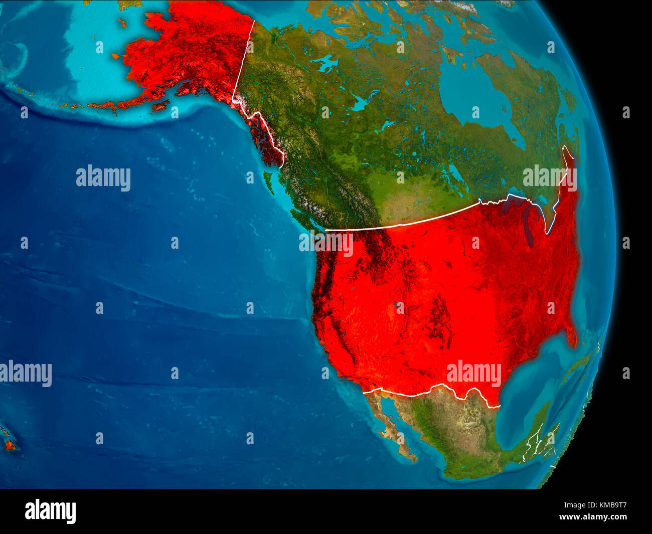 USA in red on planet Earth with visible borderlines. 3D illustration ...