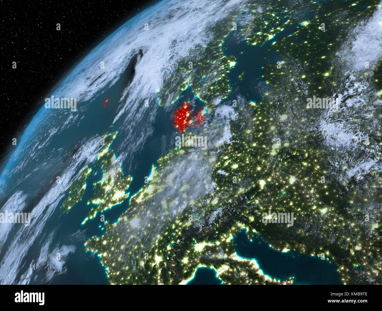 Illustration of Denmark as seen from Earth’s orbit at night. 3D ...