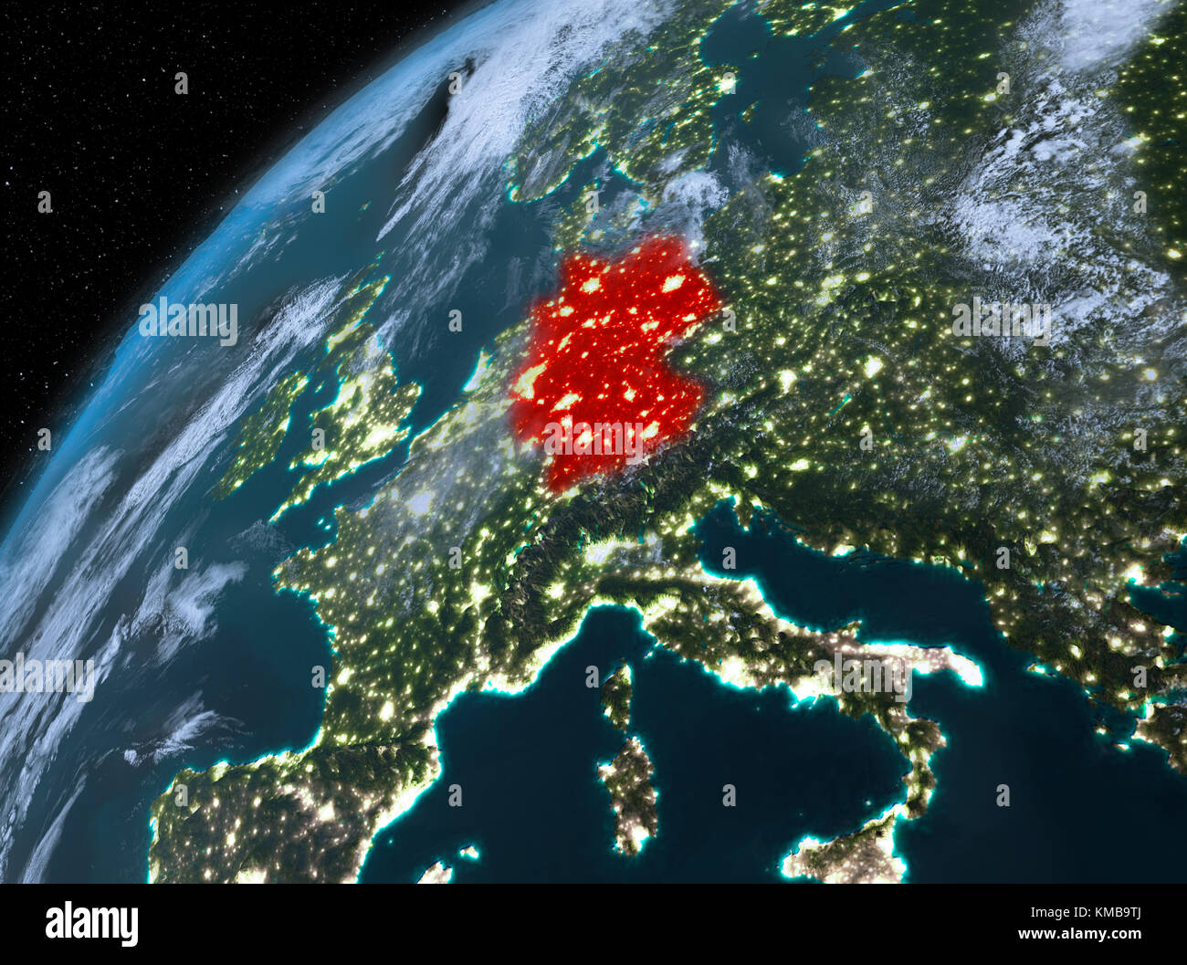 Illustration of Germany as seen from Earth’s orbit at night. 3D ...