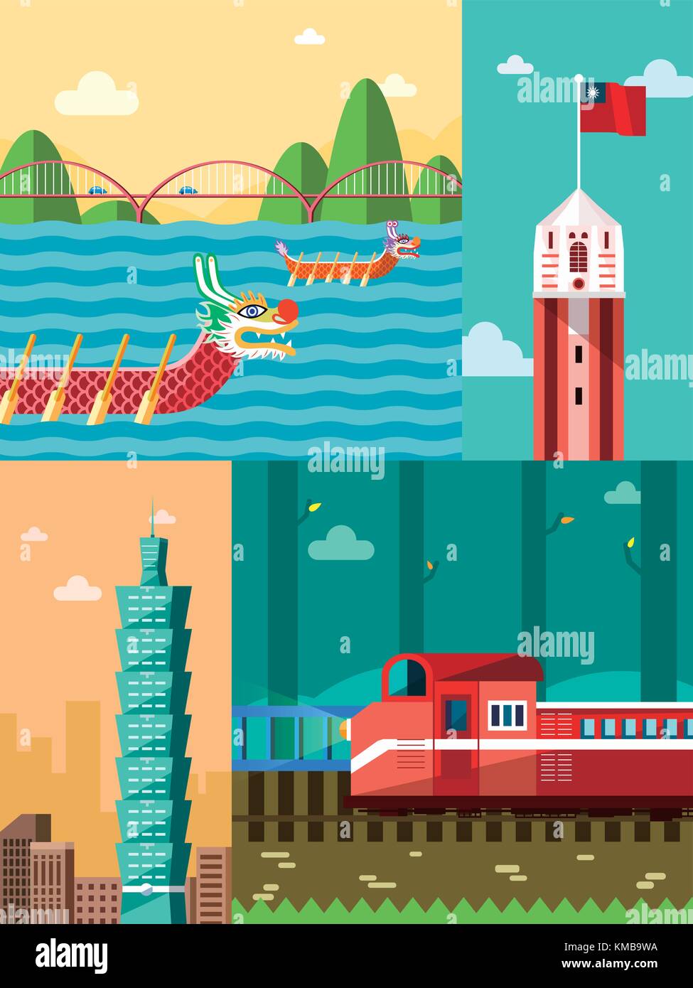 Taiwan travel concept, famous attraction collage in flat design Stock ...