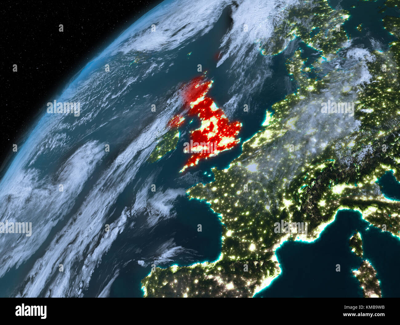 Illustration of United Kingdom as seen from Earth’s orbit at night. 3D ...