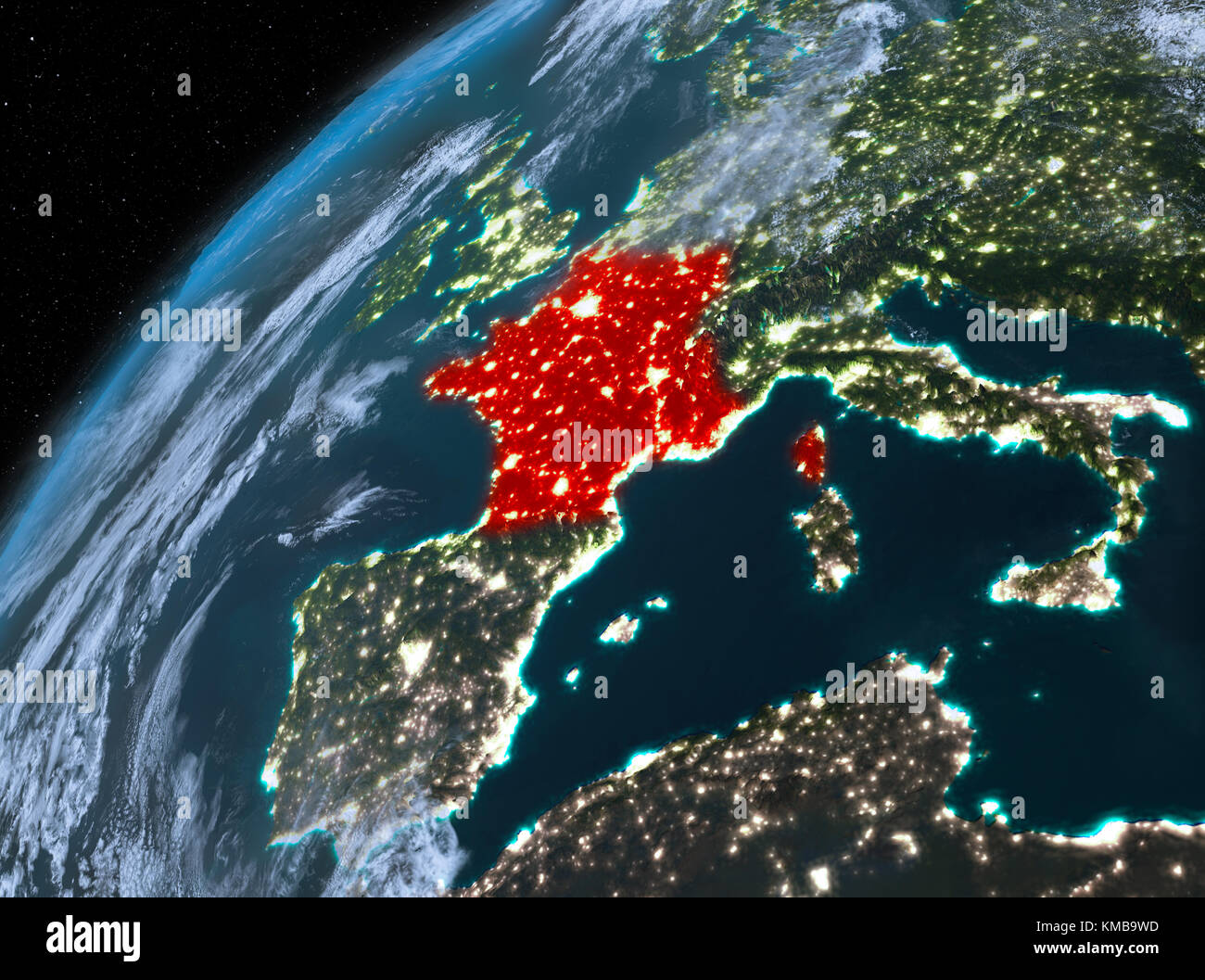 Illustration of France as seen from Earth’s orbit at night. 3D ...