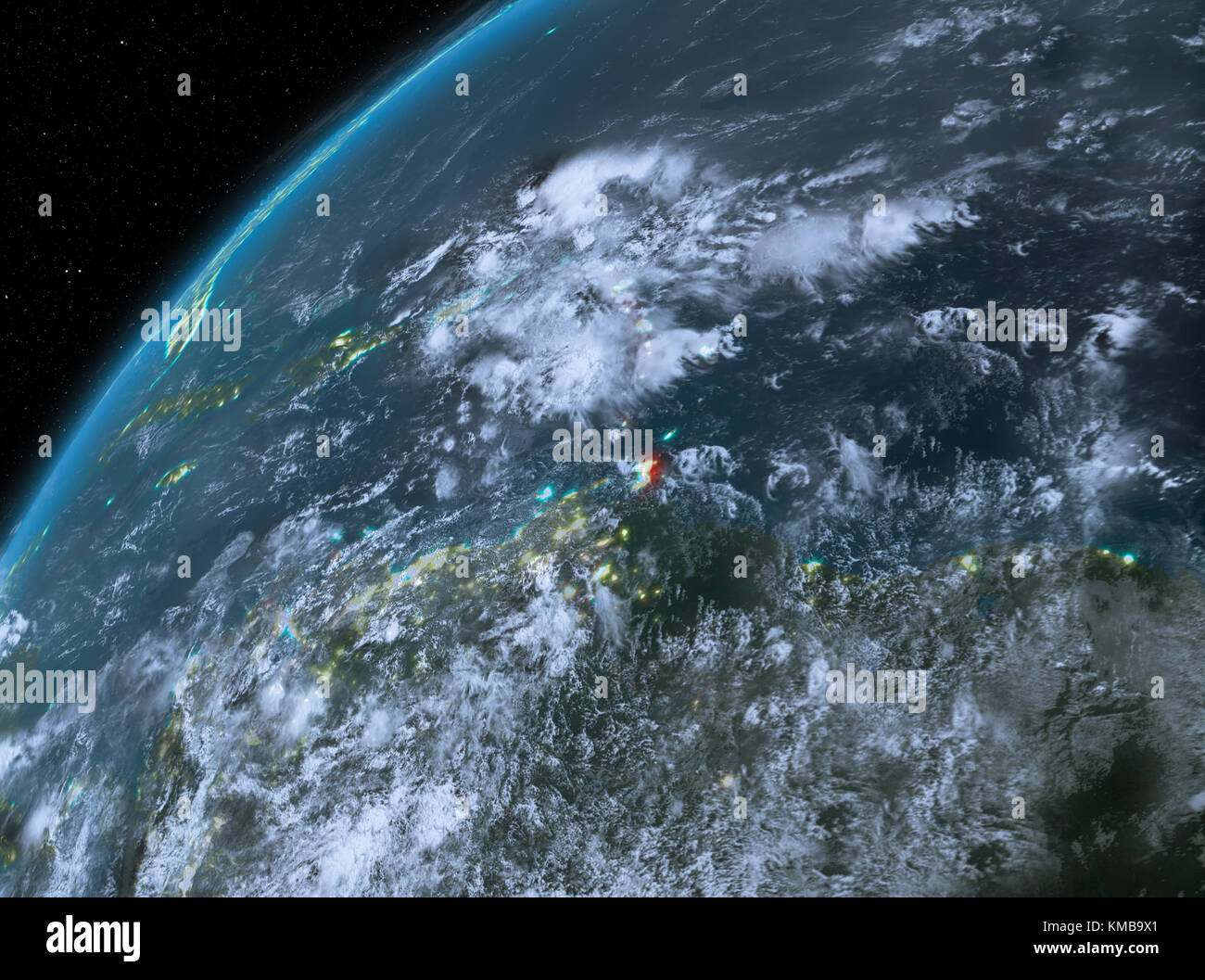 Illustration of Caribbean as seen from Earth’s orbit at night. 3D ...