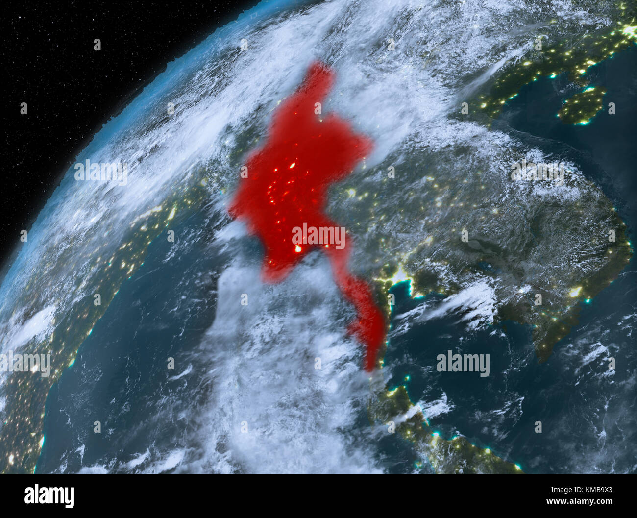 Illustration of Myanmar as seen from Earth’s orbit at night. 3D ...