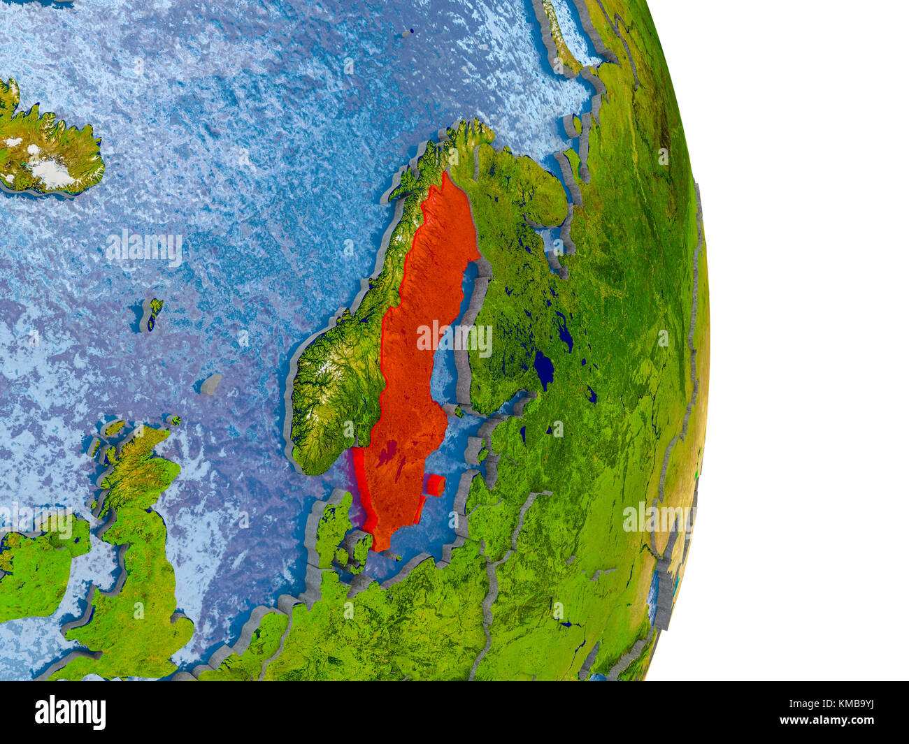 Sweden in red on model of globe with embossed countries and realistic ...