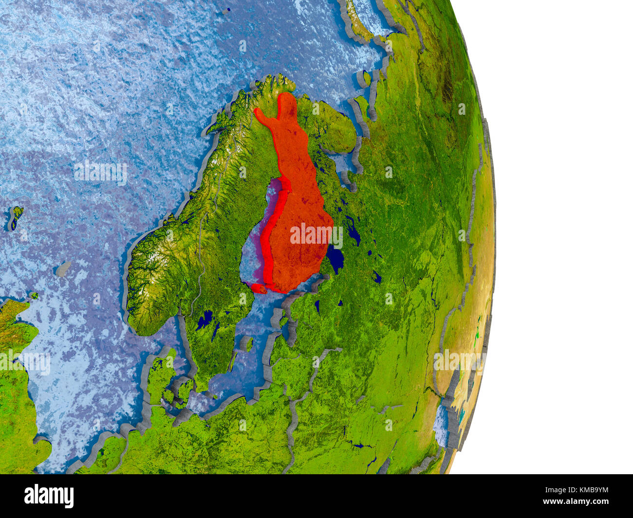 Finland in red on model of globe with embossed countries and realistic ...