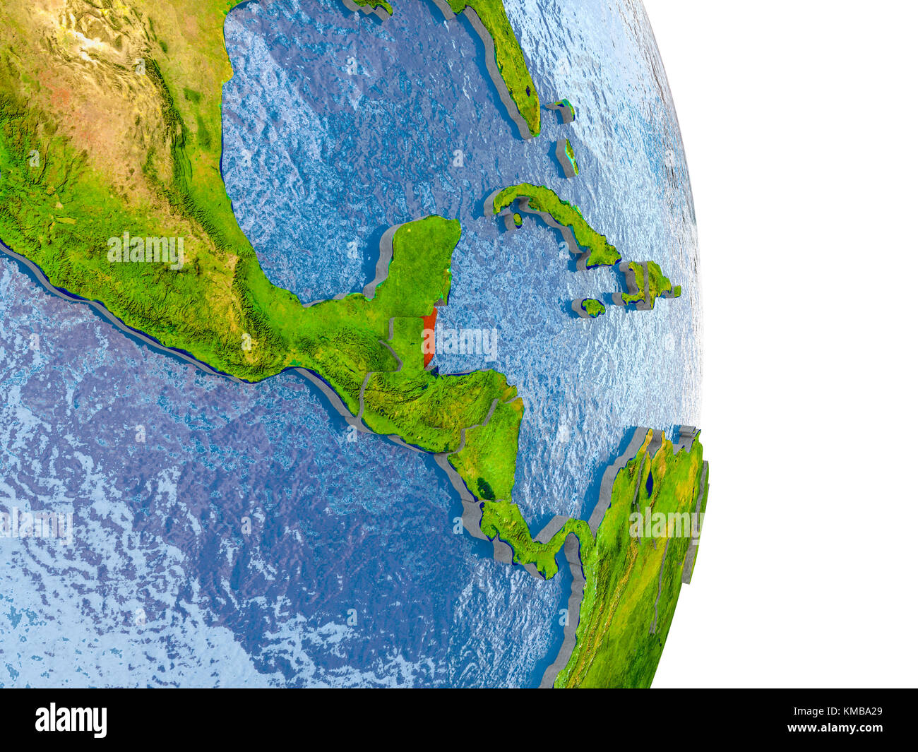 Belize in red on model of globe with embossed countries and realistic ...