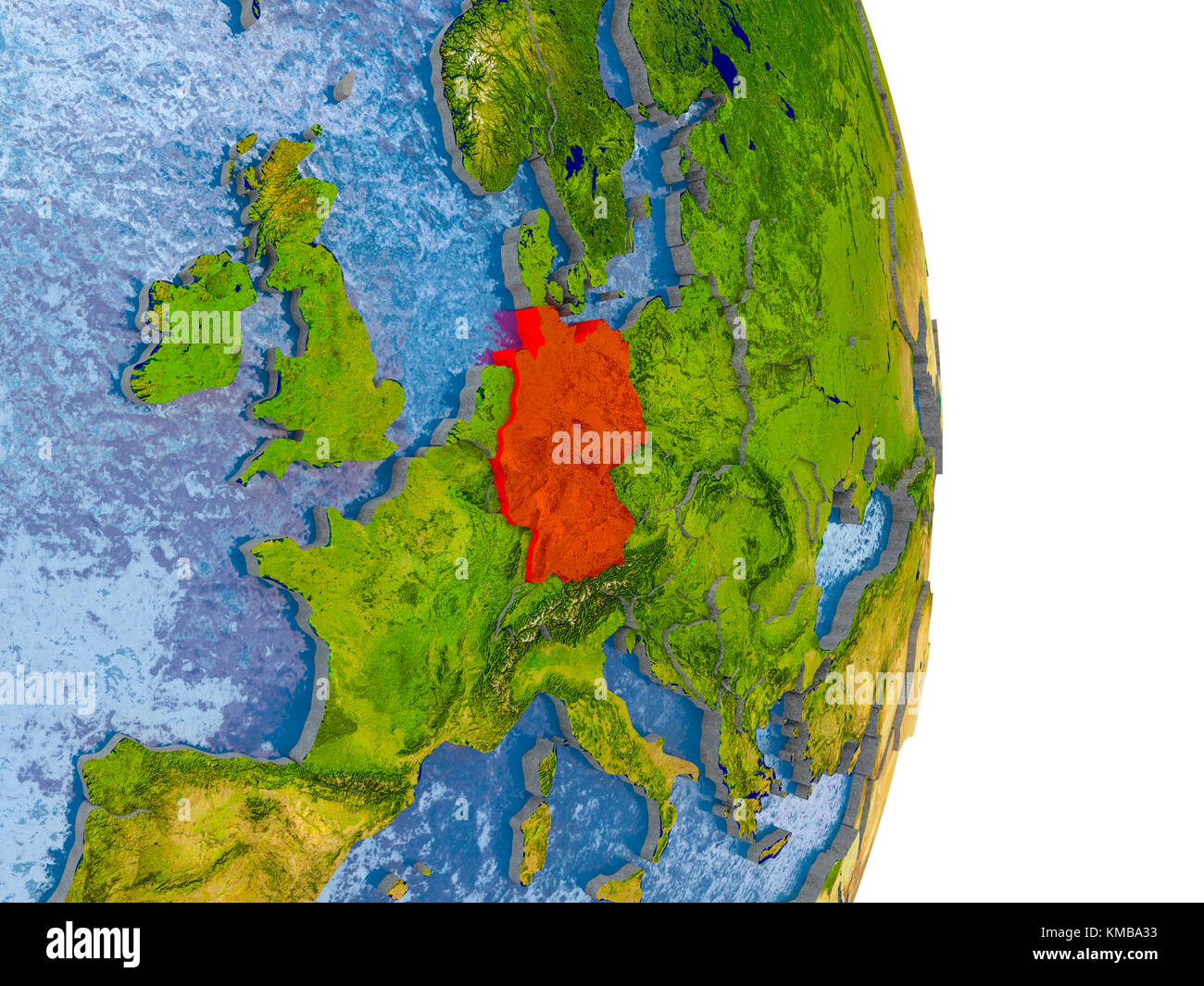 Germany in red on model of globe with embossed countries and realistic ...