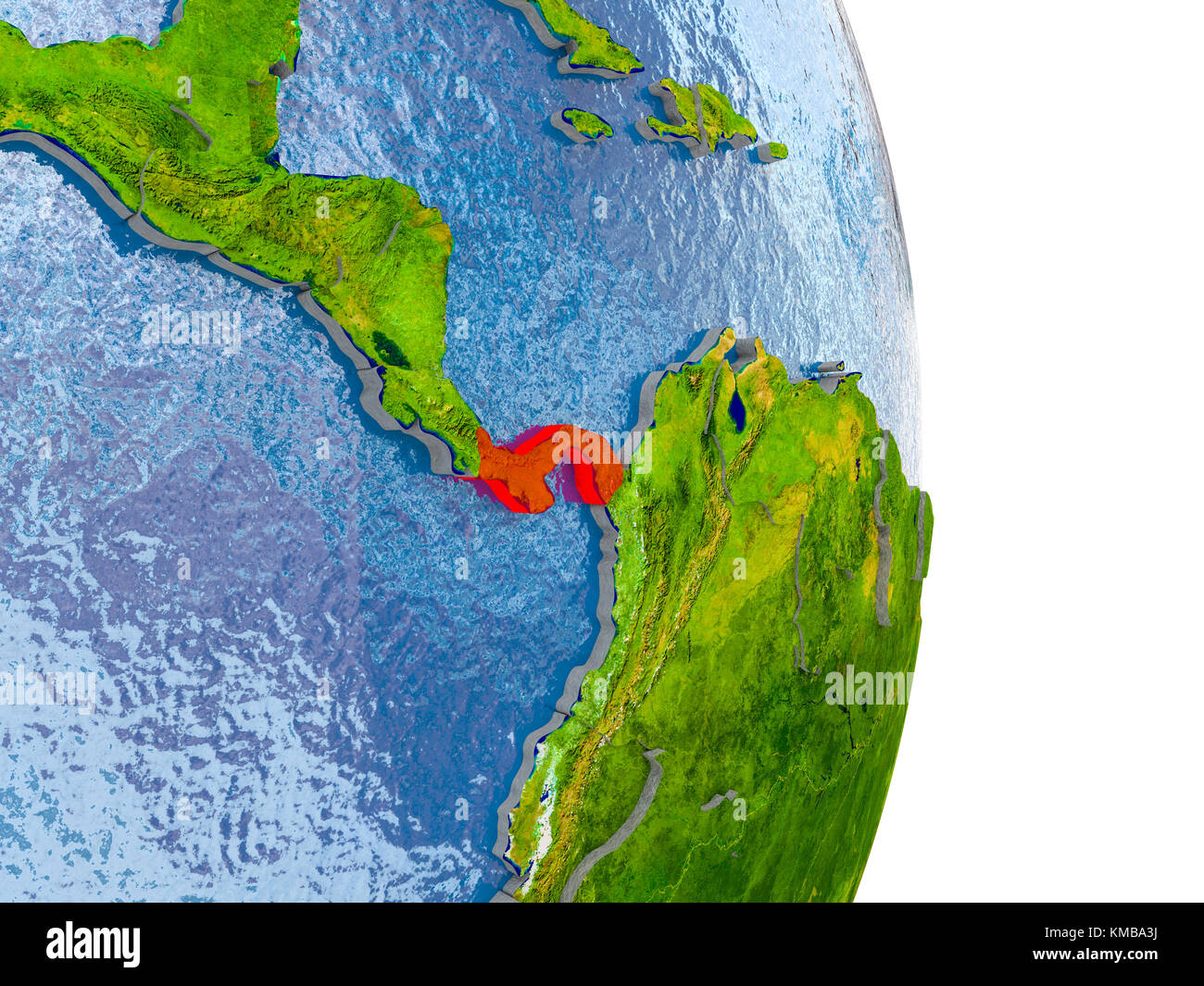 Panama in red on model of globe with embossed countries and realistic ...