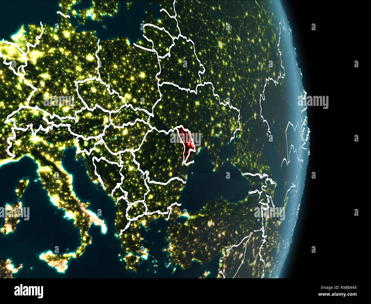 Map of Moldova in red as seen from space on planet Earth at night with ...