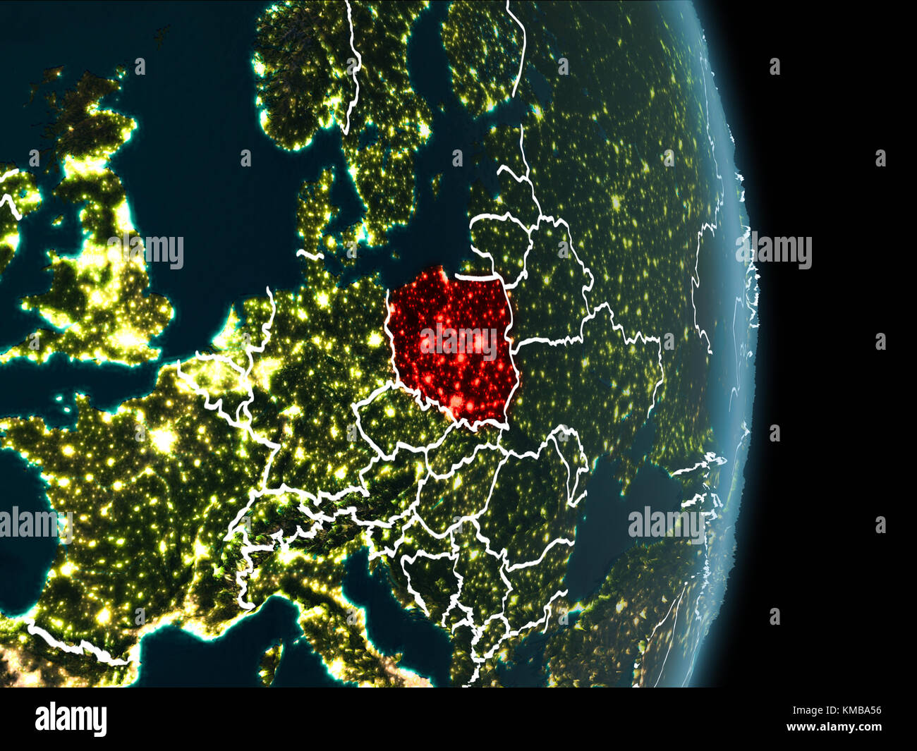 Map of Poland in red as seen from space on planet Earth at night with ...