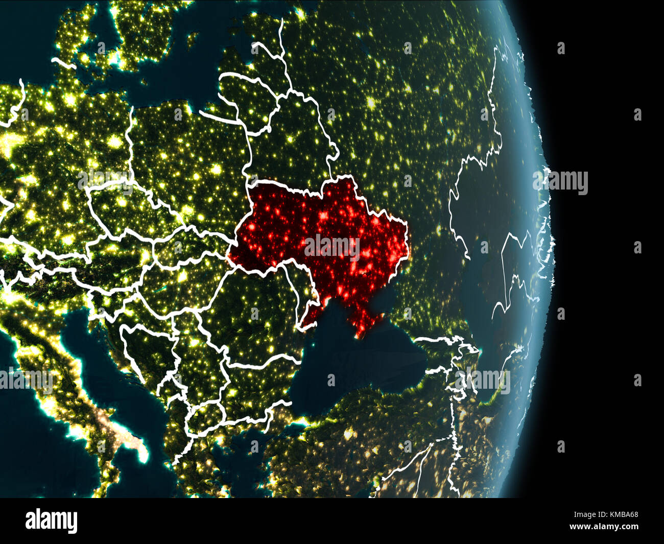Map of Ukraine in red as seen from space on planet Earth at night with ...