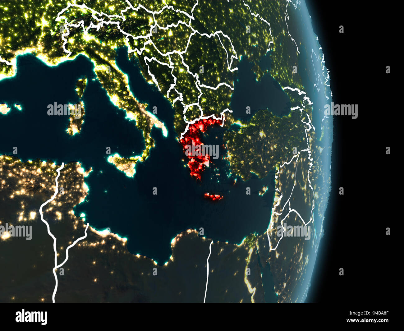 Map of Greece in red as seen from space on planet Earth at night with ...