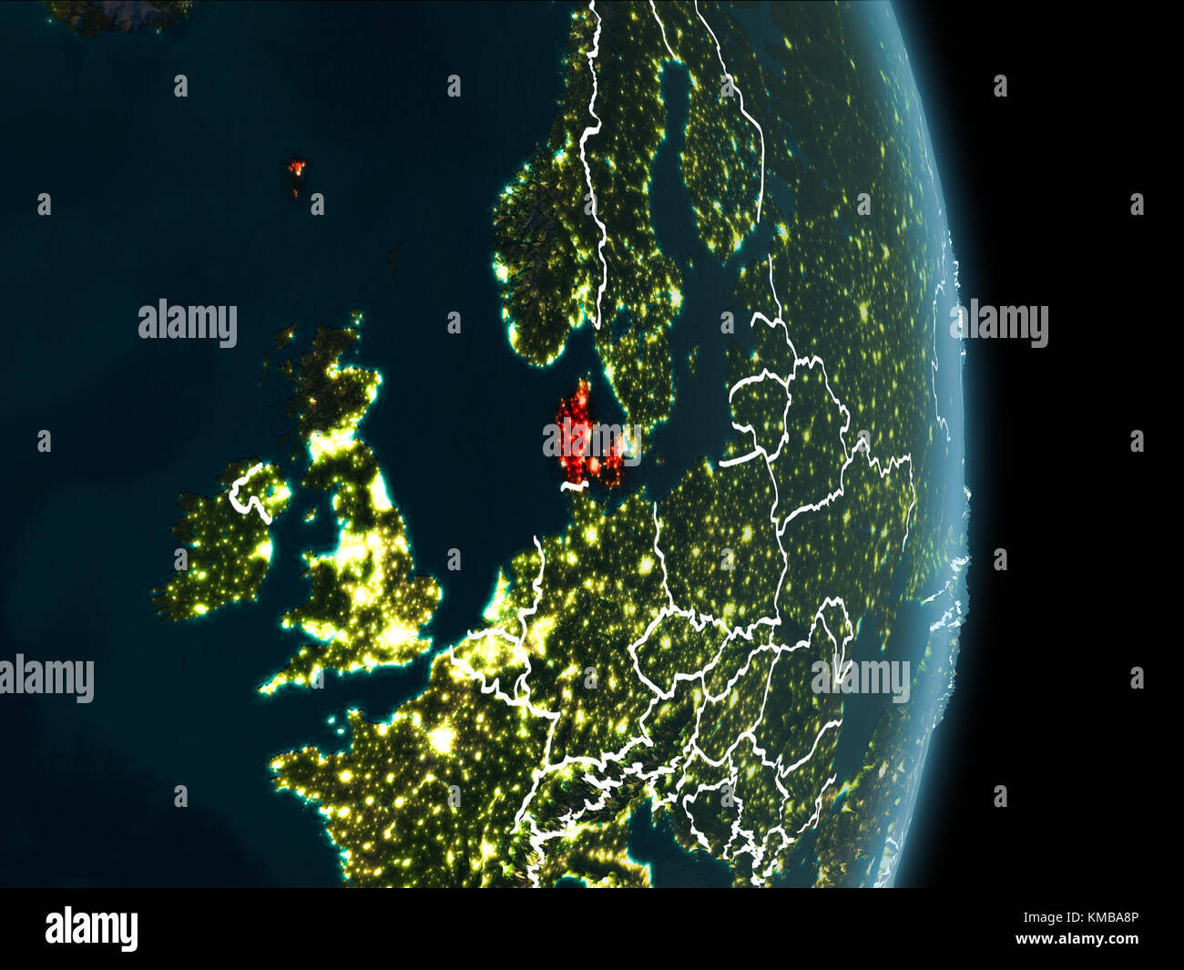 Map of Denmark in red as seen from space on planet Earth at night with ...