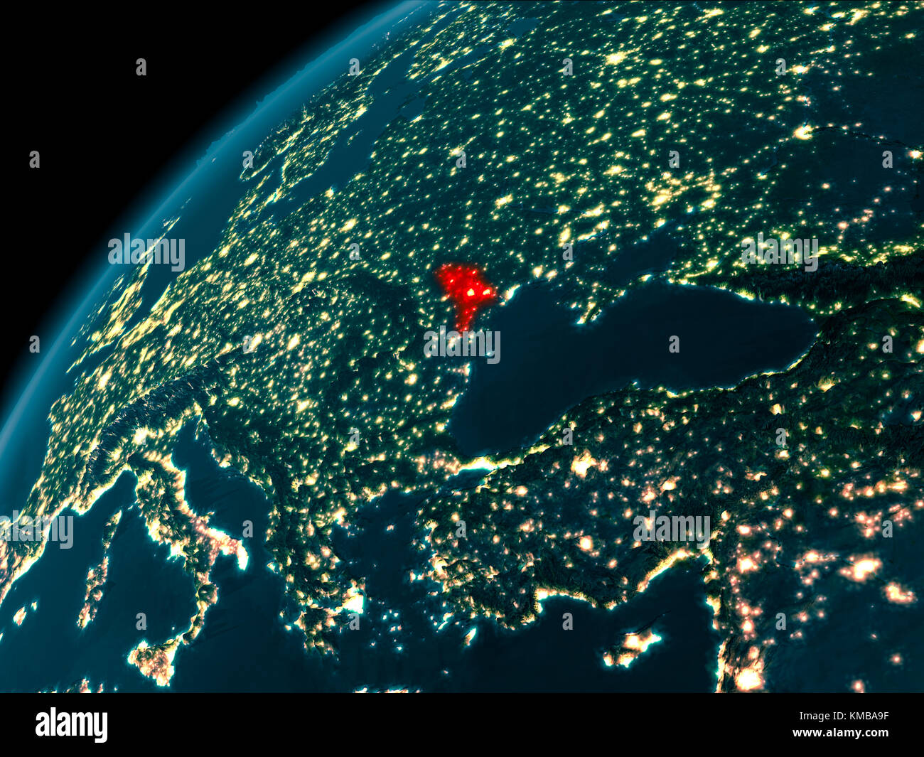 Night map of Moldova as seen from space on planet Earth. 3D ...
