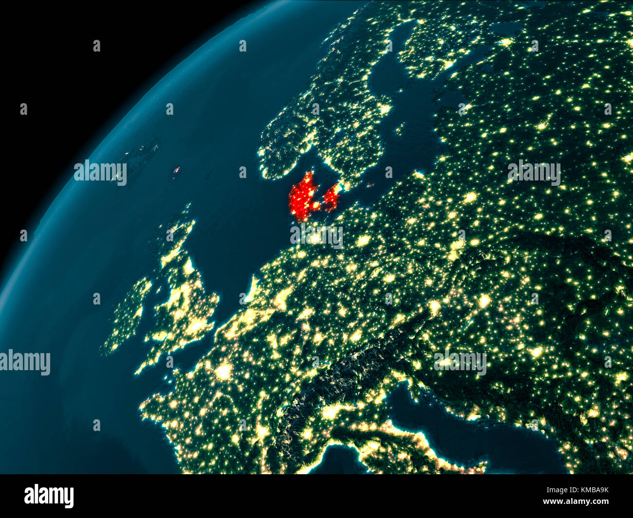 Night map of Denmark as seen from space on planet Earth. 3D ...