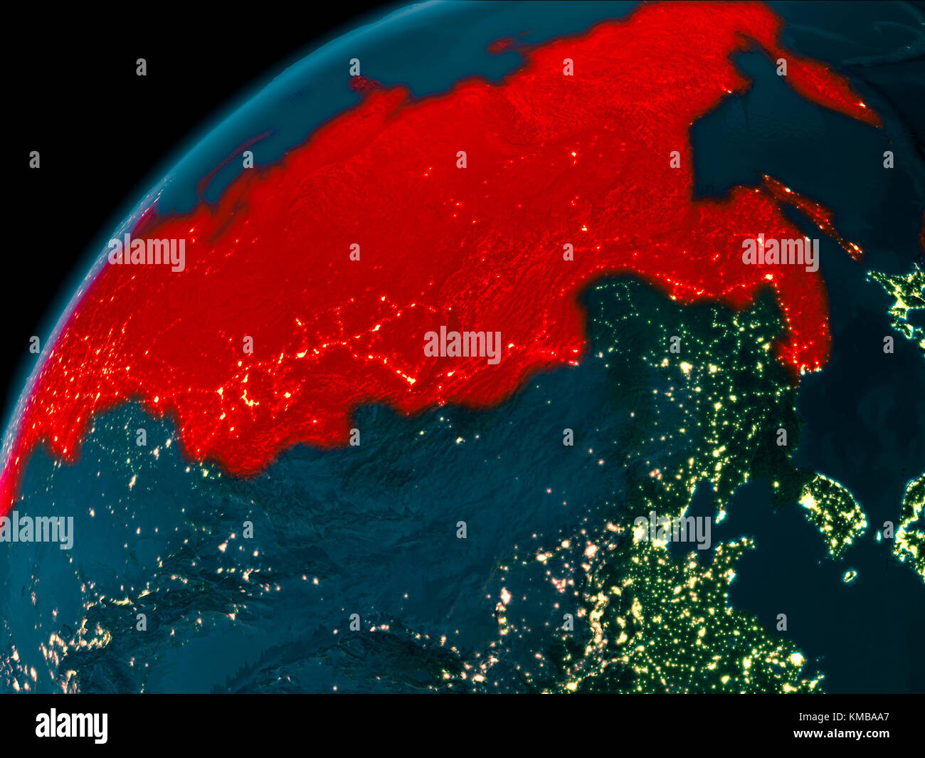 Night map of Russia as seen from space on planet Earth. 3D illustration ...
