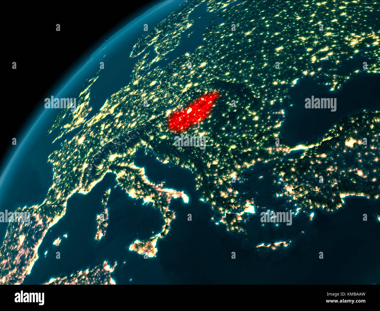 Night map of Hungary as seen from space on planet Earth. 3D ...