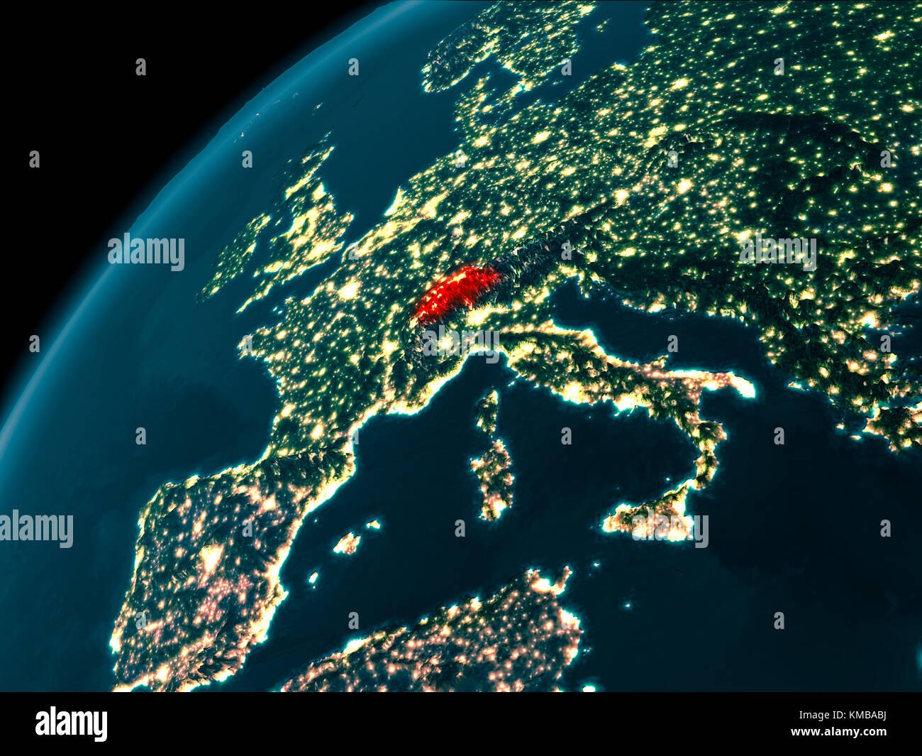 Night map of Switzerland as seen from space on planet Earth. 3D ...
